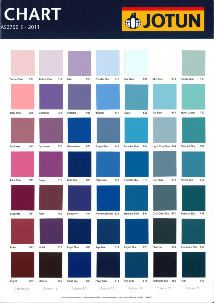 Jotun Australian standard colour chart – AS 2700 S – 2011 – marine coatings - Millennium Marine